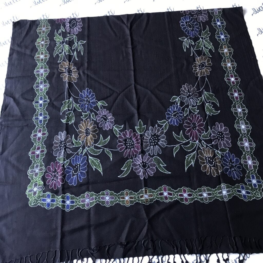 Black Woolen Shawl with Light Sui Kaam for Women - Swati Shawls