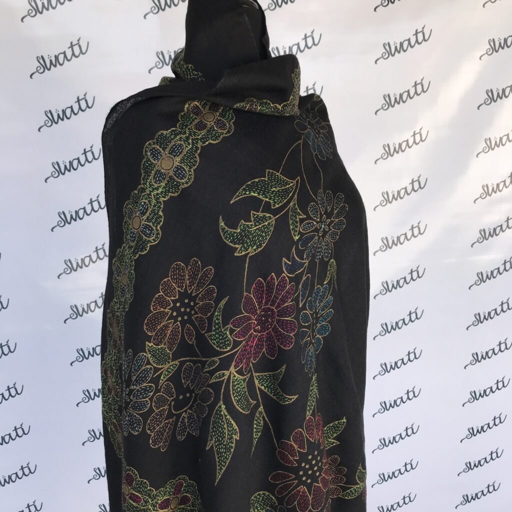 Black sui kaam woolen shawl - Swati Shawls