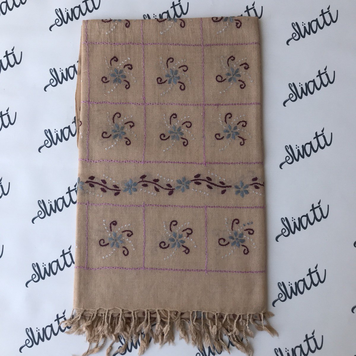 Light women shawl with attractive pink taarkashi design - Swati Shawls