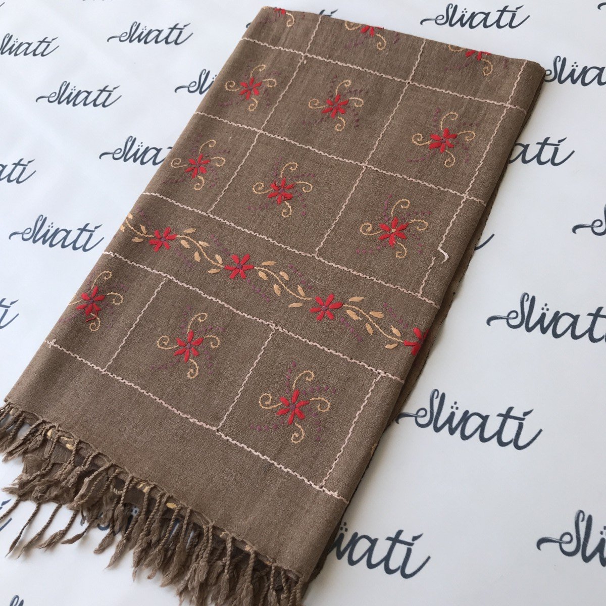 Premium swati woolen women shawl with maroon hand embroidery and taar ...