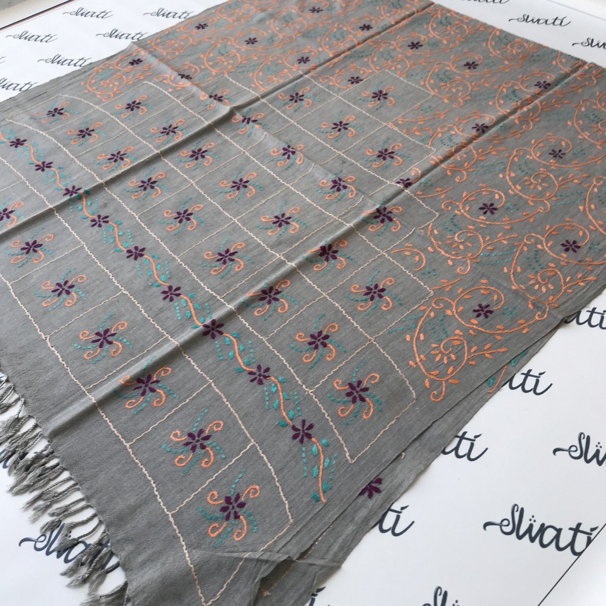 Women gray color Swati Shawl with orange and feroza taar kashi ...
