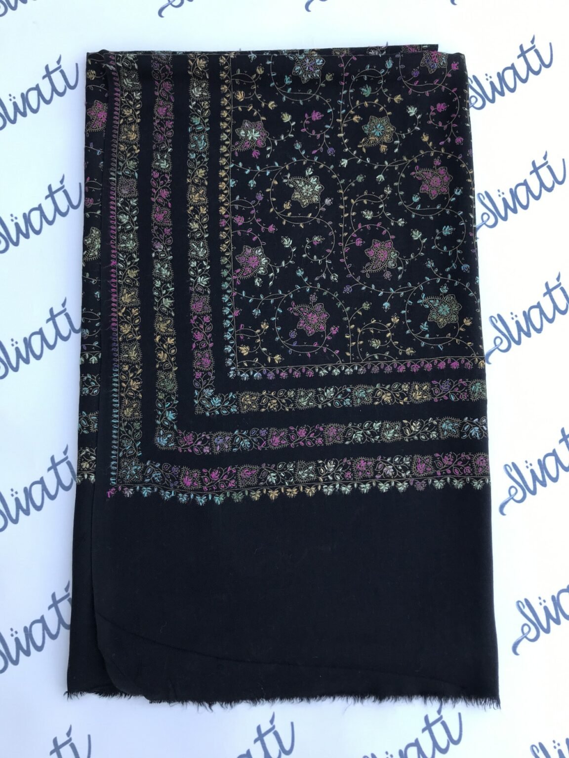 Black Pashmina Shawl with full embroidery for women - Swati Shawls