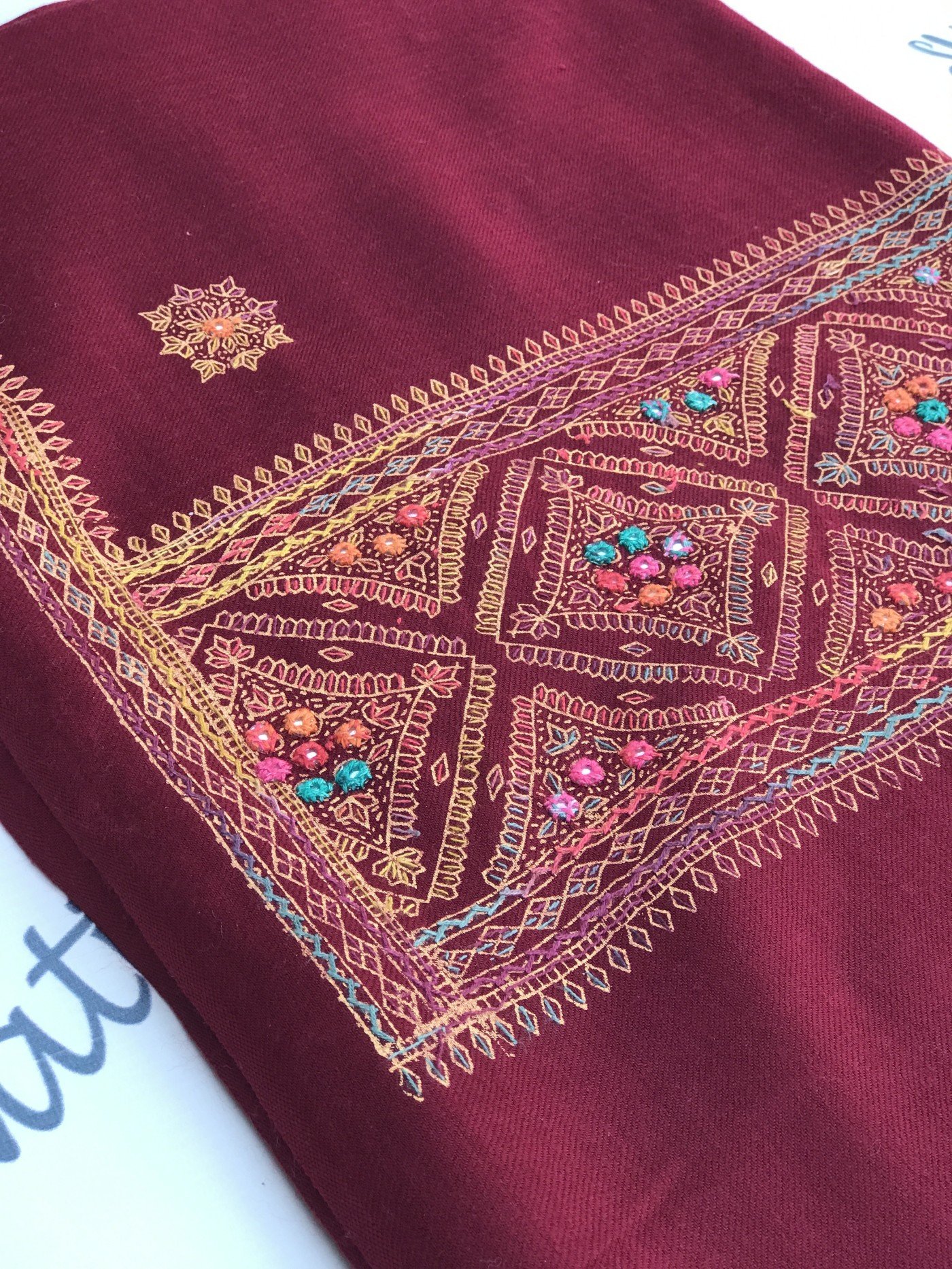 Maroon Pashmina Shawl with elegant hand embroidery - Swati Shawls
